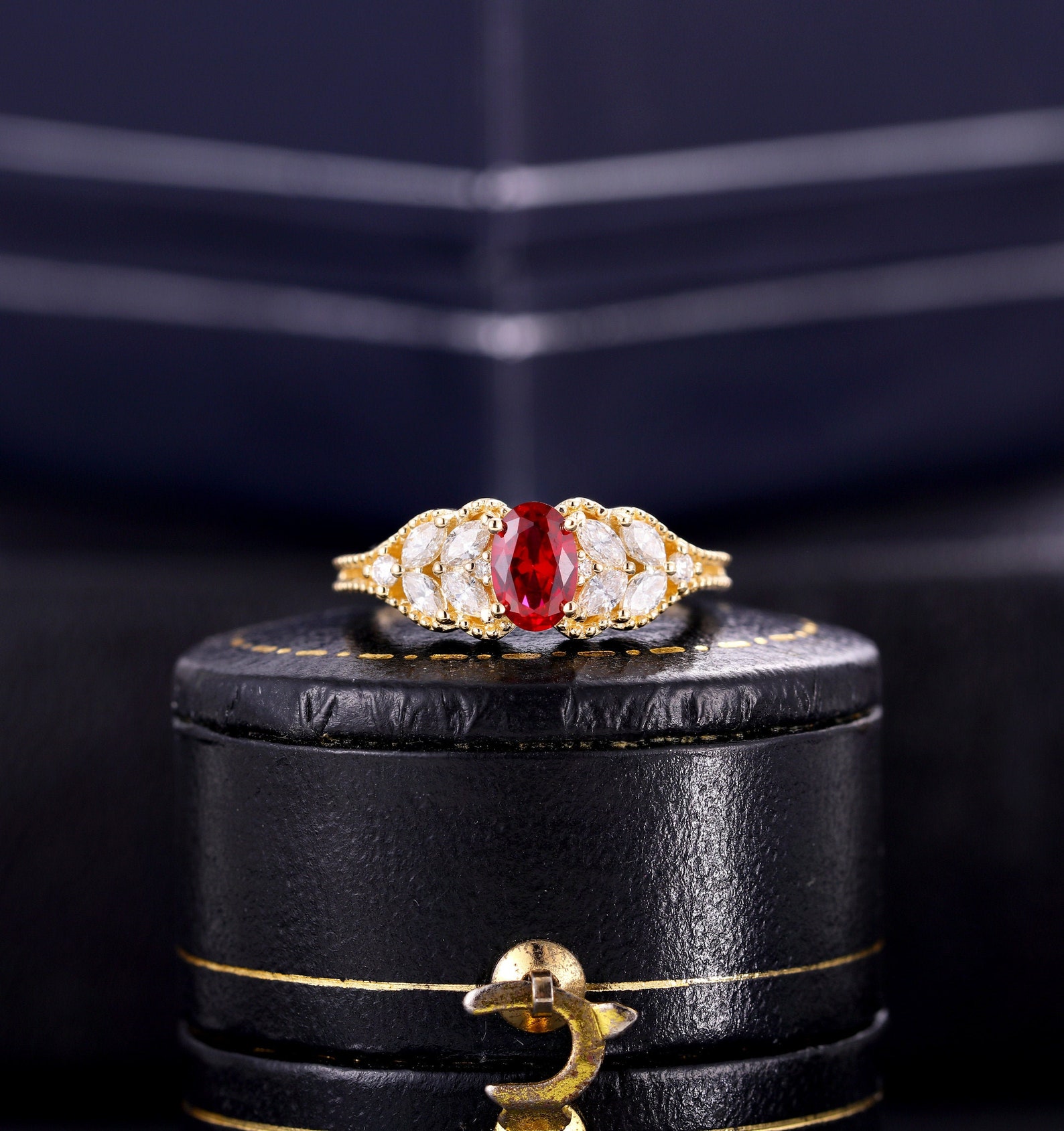 Vintage Ruby Engagement Ring Rose Gold Oval Cut Ring Marquise | Etsy