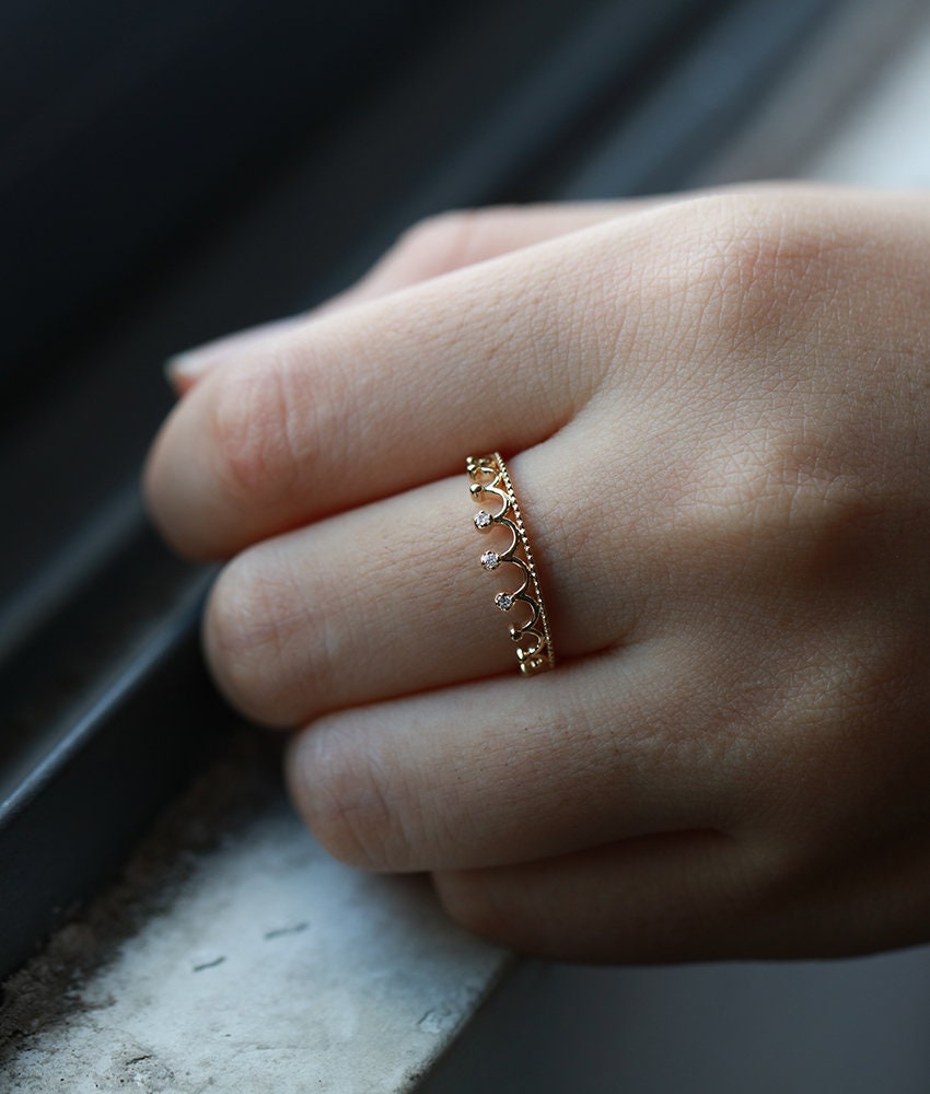 Diamond Wedding Band Crown Engagement Ring Rose Gold Ring | Etsy