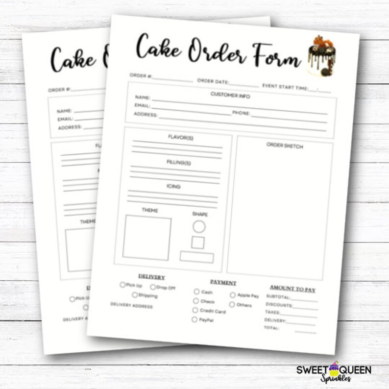 Cake Order Form Digital Download Cake Bakery Order Form Cookie Card ...