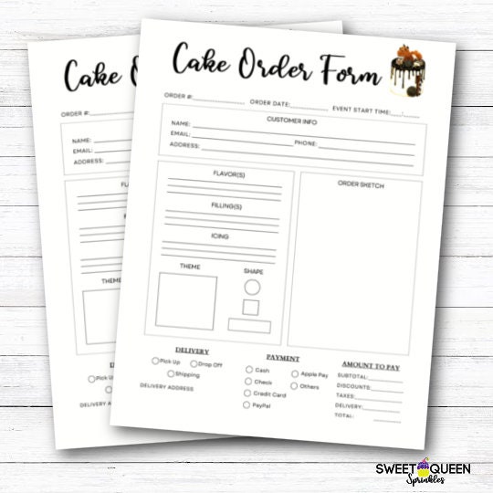 Cake Order Form Digital Download Cake Bakery Order Form Cookie Card ...