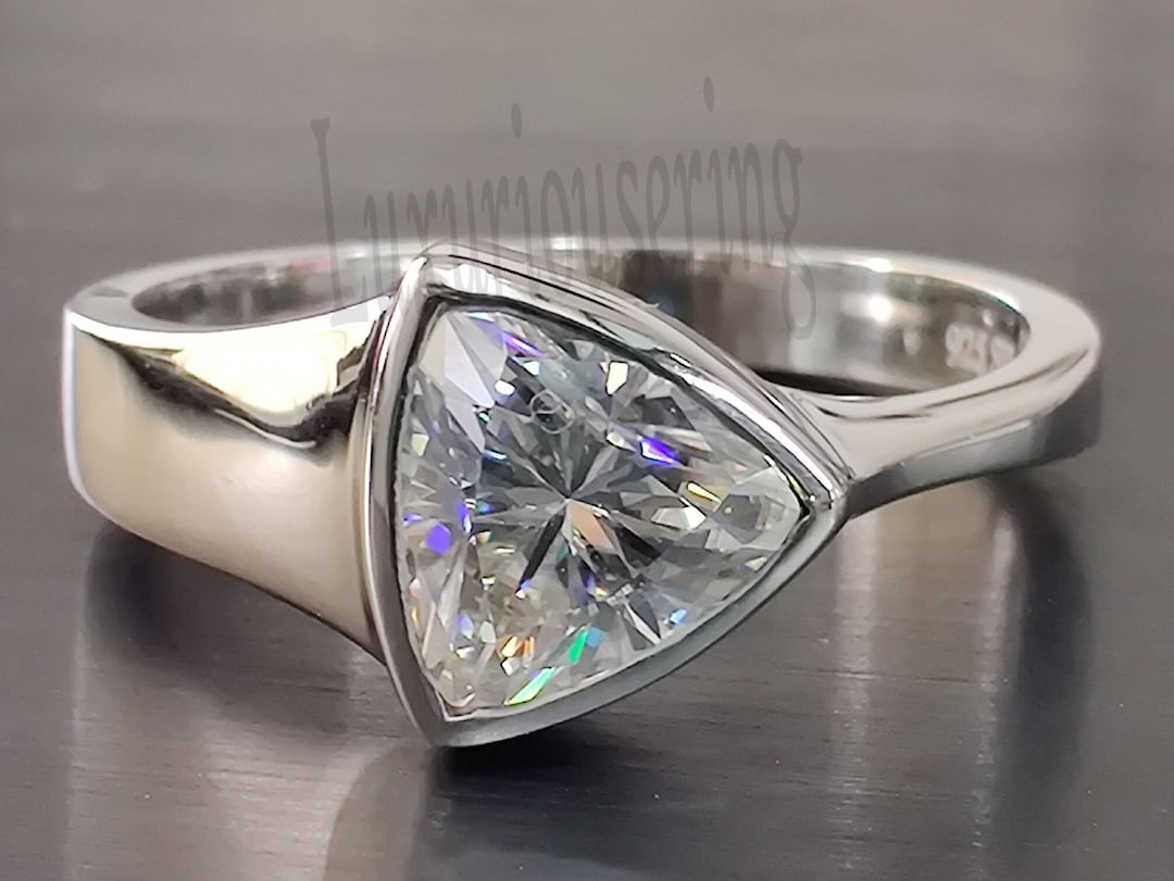Trillion Diamond Ring 1.25 Ct Moissanite Engagement Band 14K Gold Bezel ...