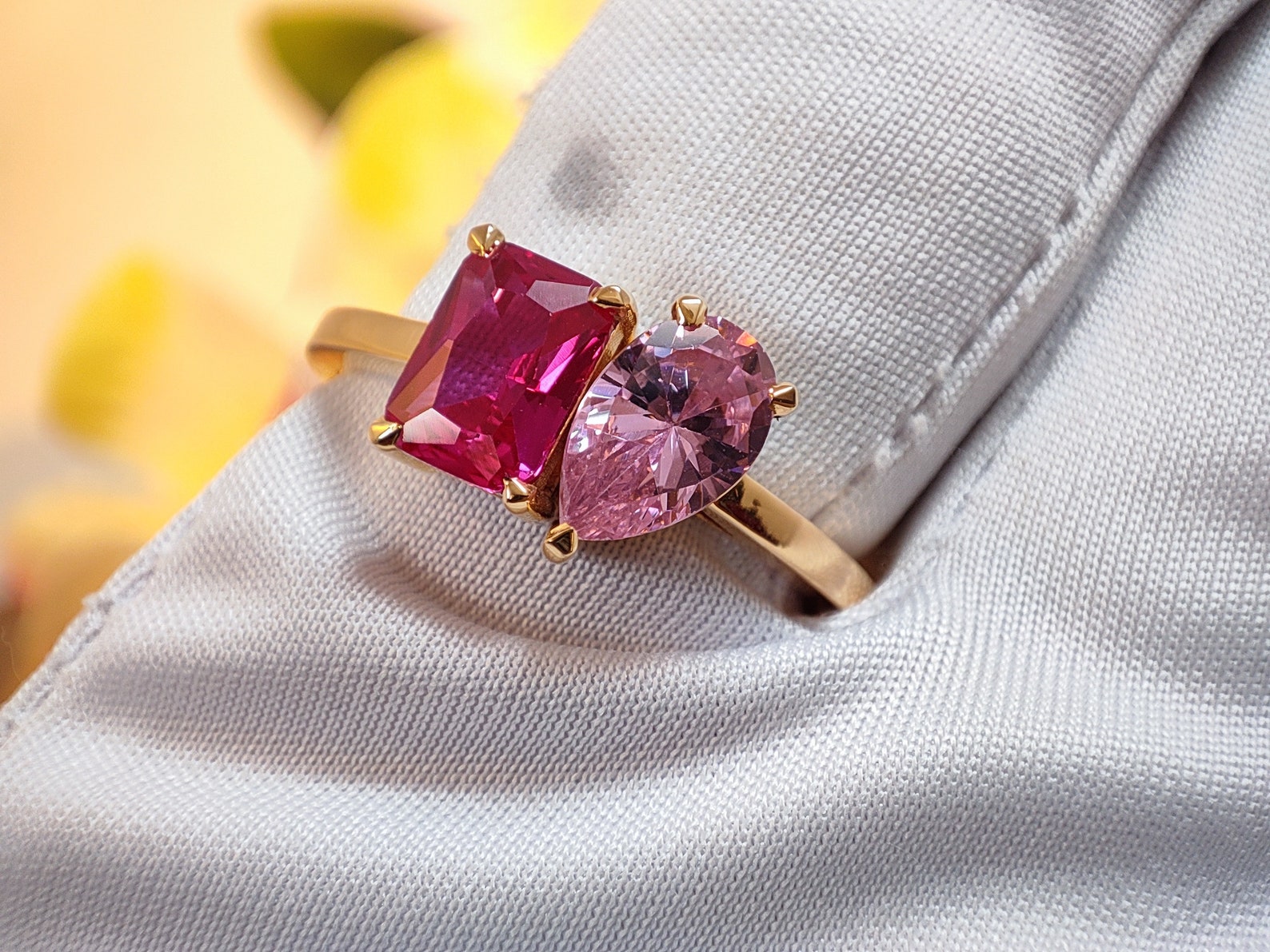 10K Solid Yellow Gold Radiant & Pear Engagement Ring, 2.52 Ct Ruby and Pink Simulated Diamond ...