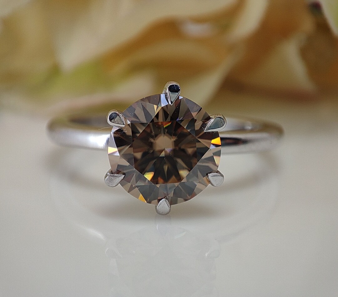 Brown Moissanite Engagement Ring Brown Round Cut Moissanite Ring ...