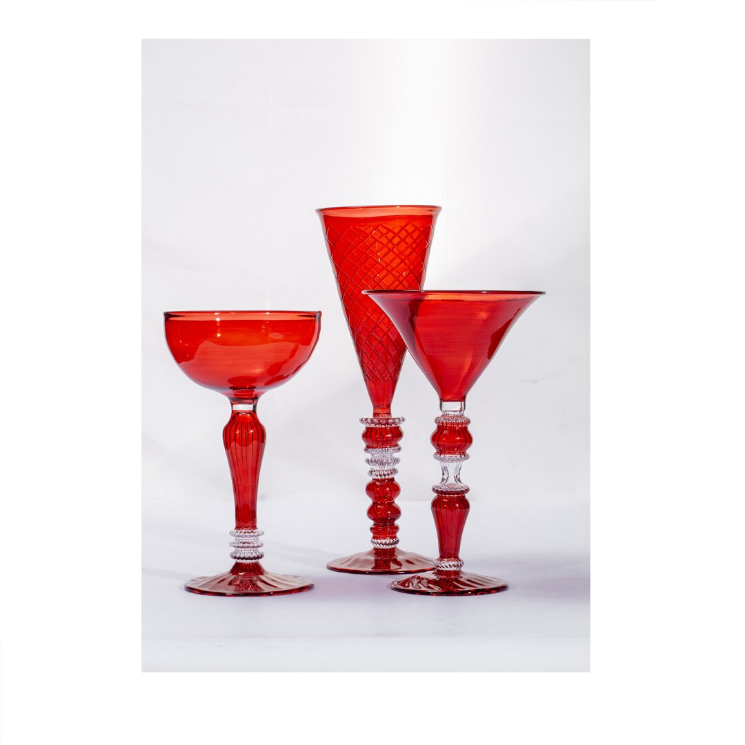 Set of 3 Goblets Vintage New Ruby Red Glass Goblets Handmade With H:10 ...