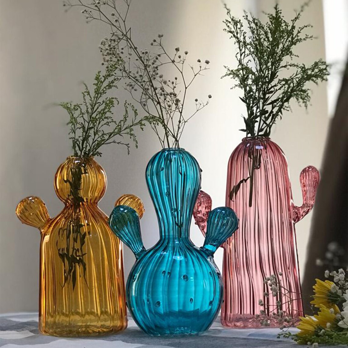 Set of 4 Cactus Shaped Art Deco Vase Hand Blown Glassware - Etsy