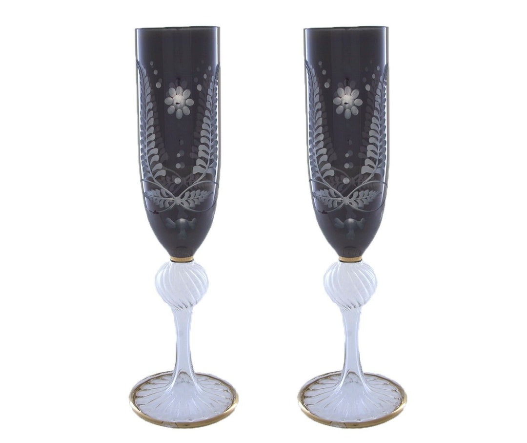 Pair of Black Engraved Art Glass Goblets Barware - Custom Glassblowing ...