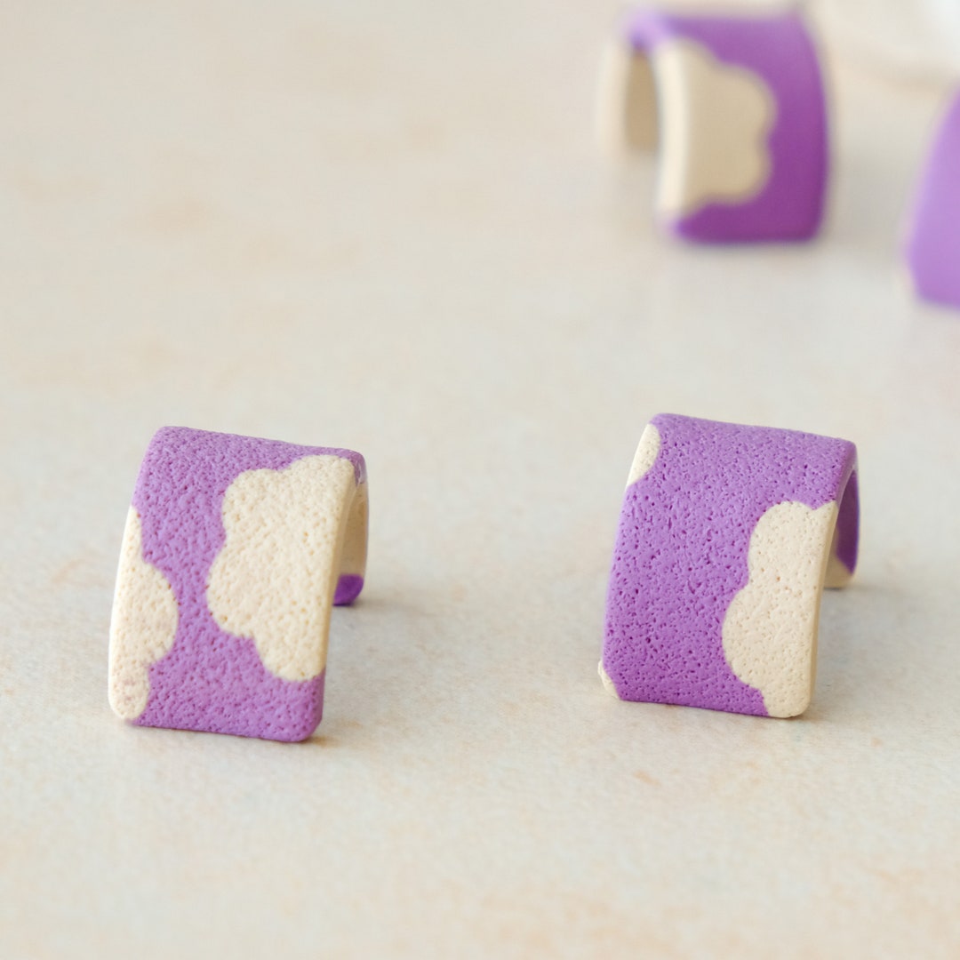 Flower Hoop Earrings (huggies) Purple & Beige - Original Almaminha ...