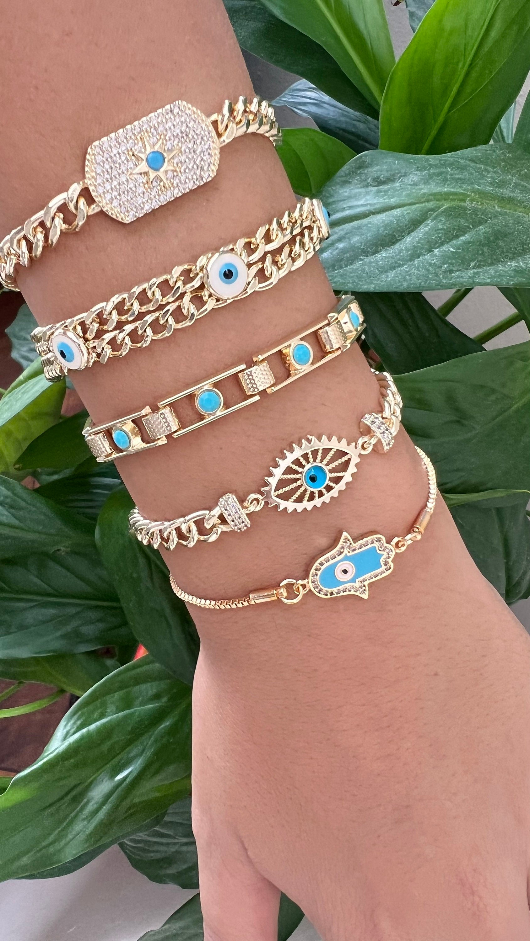 Evil Eye Gold Bracelet, Adjustable Evil Eye Charm, Blue Hamsa Bracelet ...