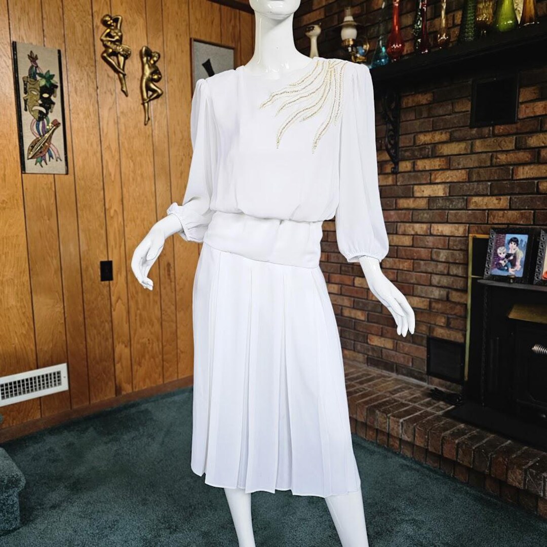 Vintage 80s Sheer Disco Winter White Gold Glitter Flame Blouson Party ...