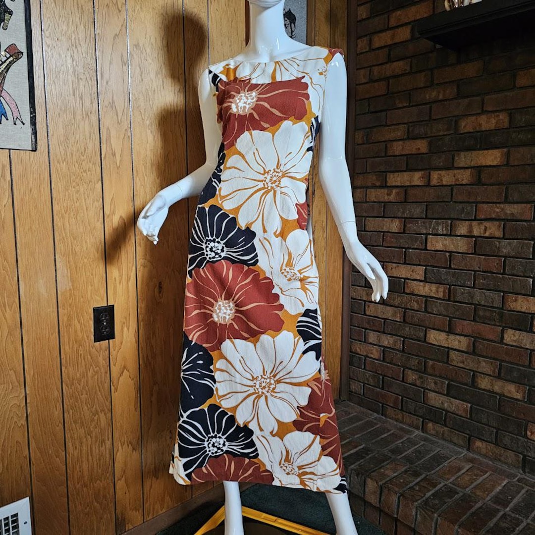 Vintage 60s Hawaiian Watteau Train Waterfall Back Luau Wedding Maxi ...