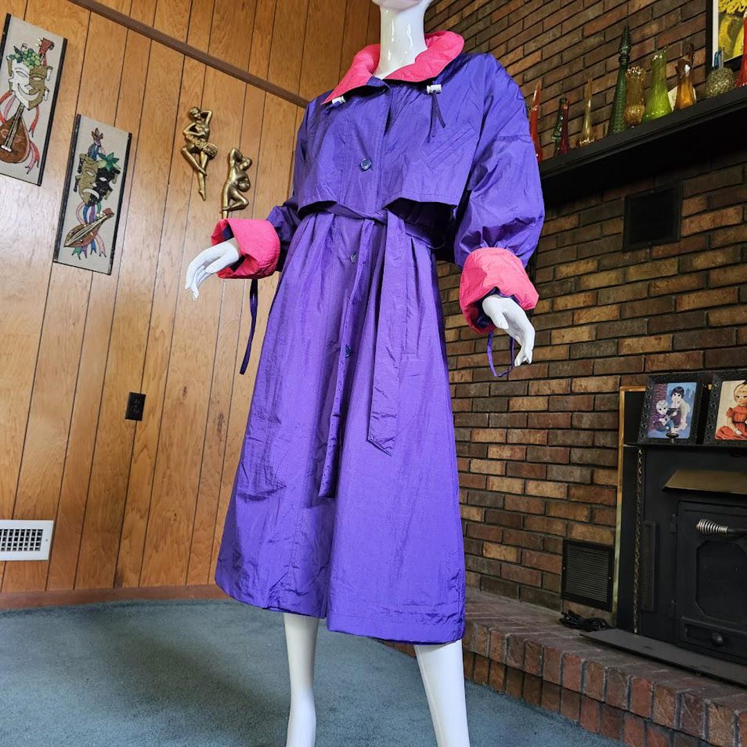 Vintage 80s New Wave Trench Coat: Violet & Hot Pink Nylon, XL/1X - Etsy