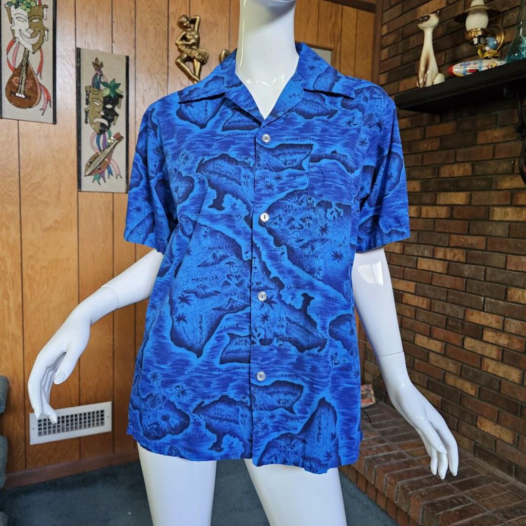Vintage 60s Men Blue Hawaiian Island Map Tiki Aloha Hula Dancer ...