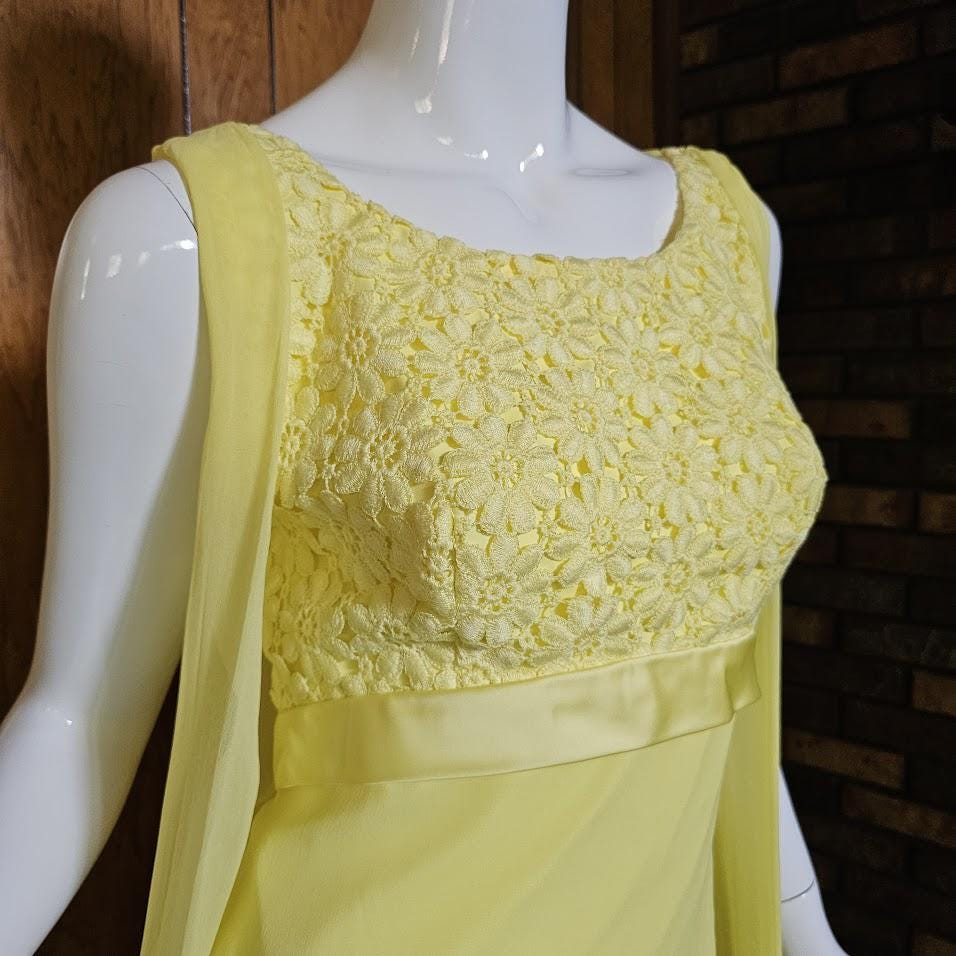 Vintage 60s Lemon Chiffon Daisy Chain Waterfall Watteau Back Prom Gown ...