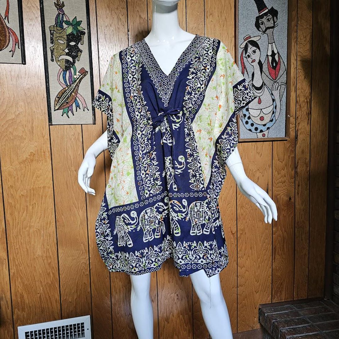 Vintage Mrs. Roper Batik Elephant Lounge Caftan Muu Muu Beach Pool Mini ...