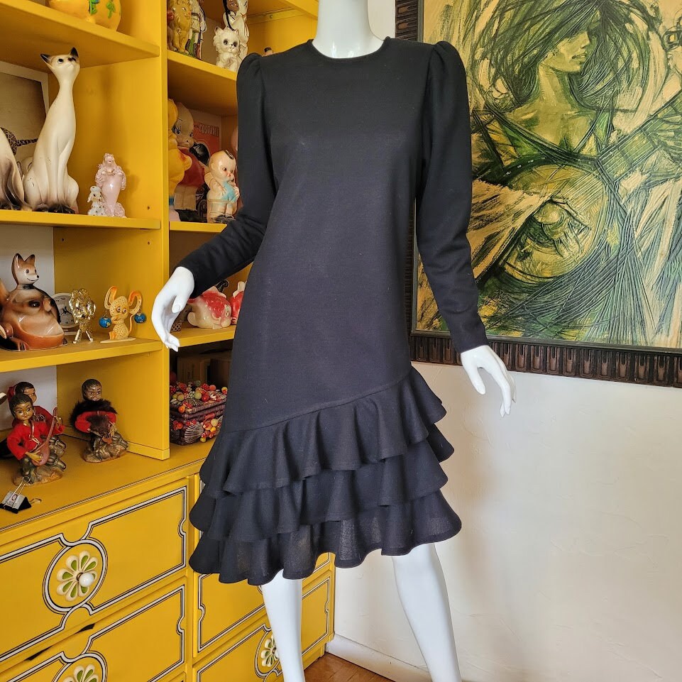 Vintage 80s Black Asymmetrical Ruffle Hem LBD Puff Shoulder Staple ...