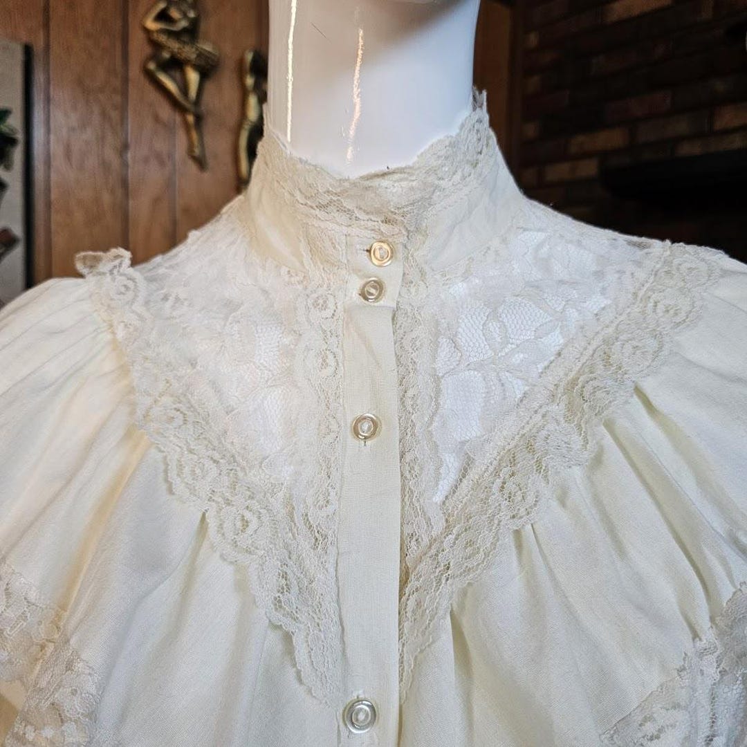 Vintage 80s Volup Victorian Revival Buttercream High Collar Prairie ...