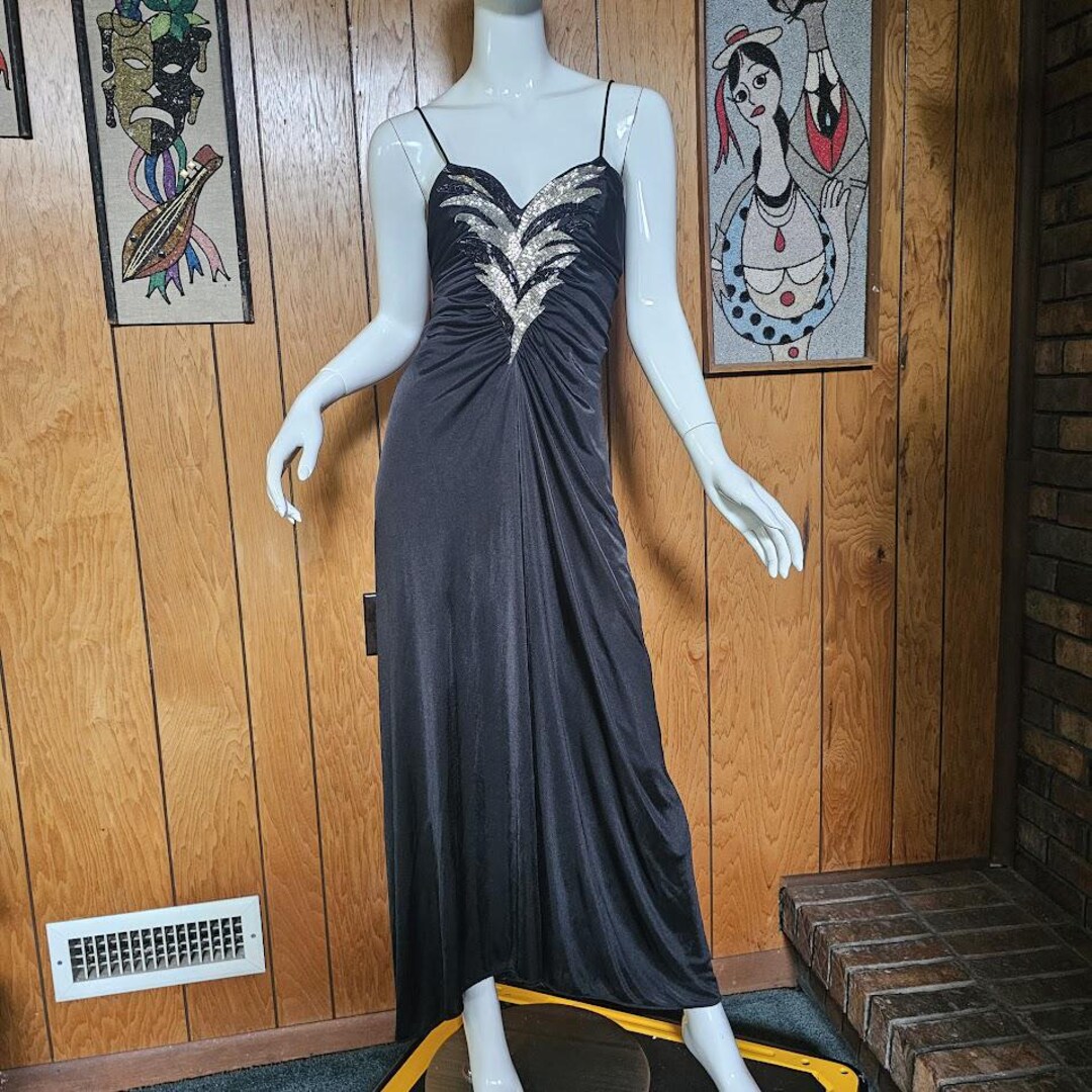 Vtg 80s Disco Smokeshow Black Coffin Draped Liquid Jersey Sequin Maxi ...