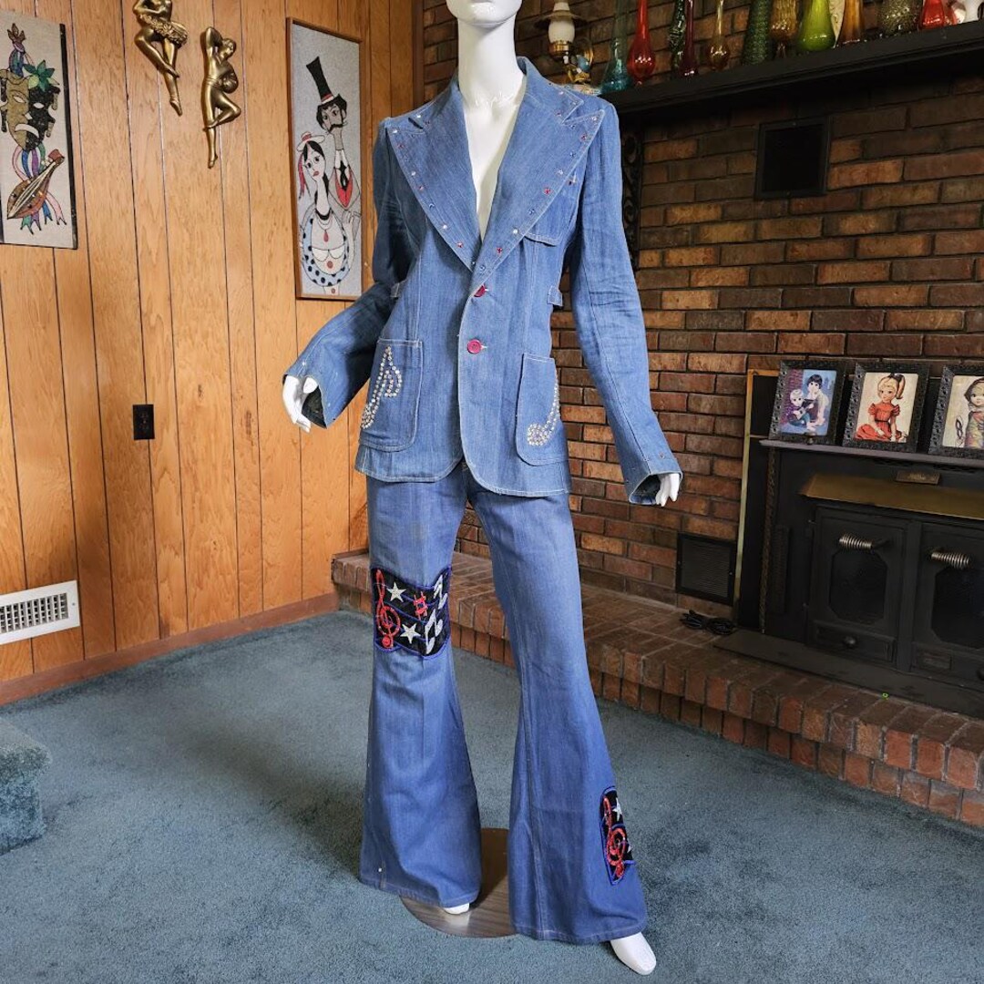 Vintage 70s Rhinestone Cowboy Bellbottom Western Denim Country Music ...