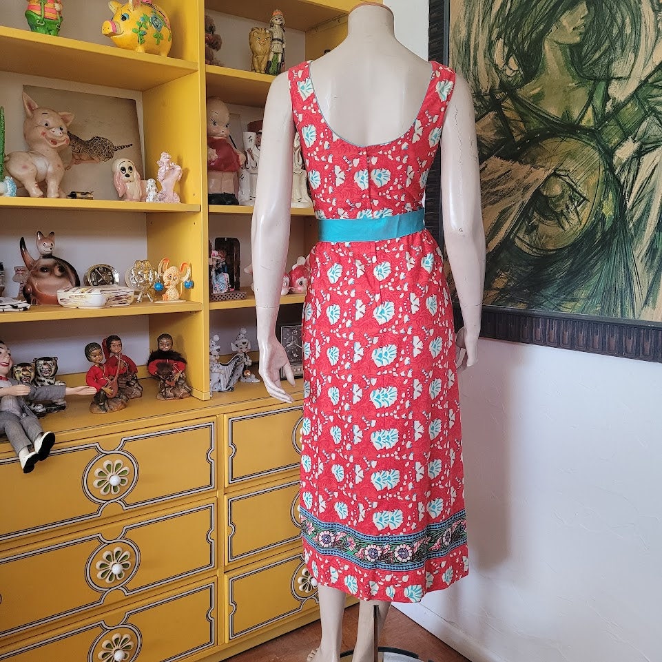 Vintage 60s Boho Hippie Folk Art Floral Maxi Border Print Summer Day ...