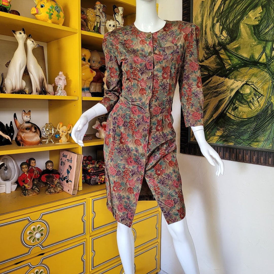 Vintage 80s Sassy Secretary Fall Floral Office Day Curvy Pencil Wiggle ...