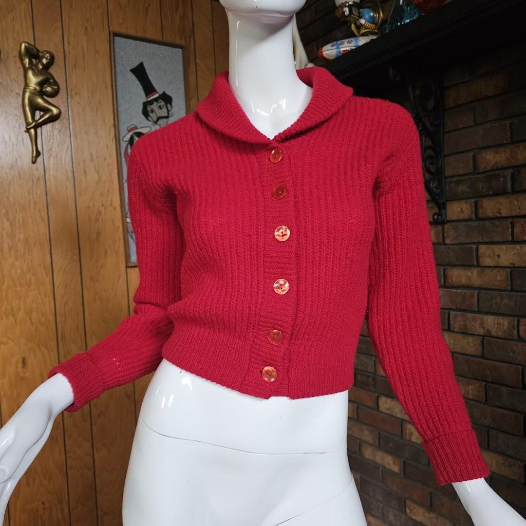 Vintage 50s Shetland Wool Knit Cranberry Cropped Pinup Shawl Cardigan ...