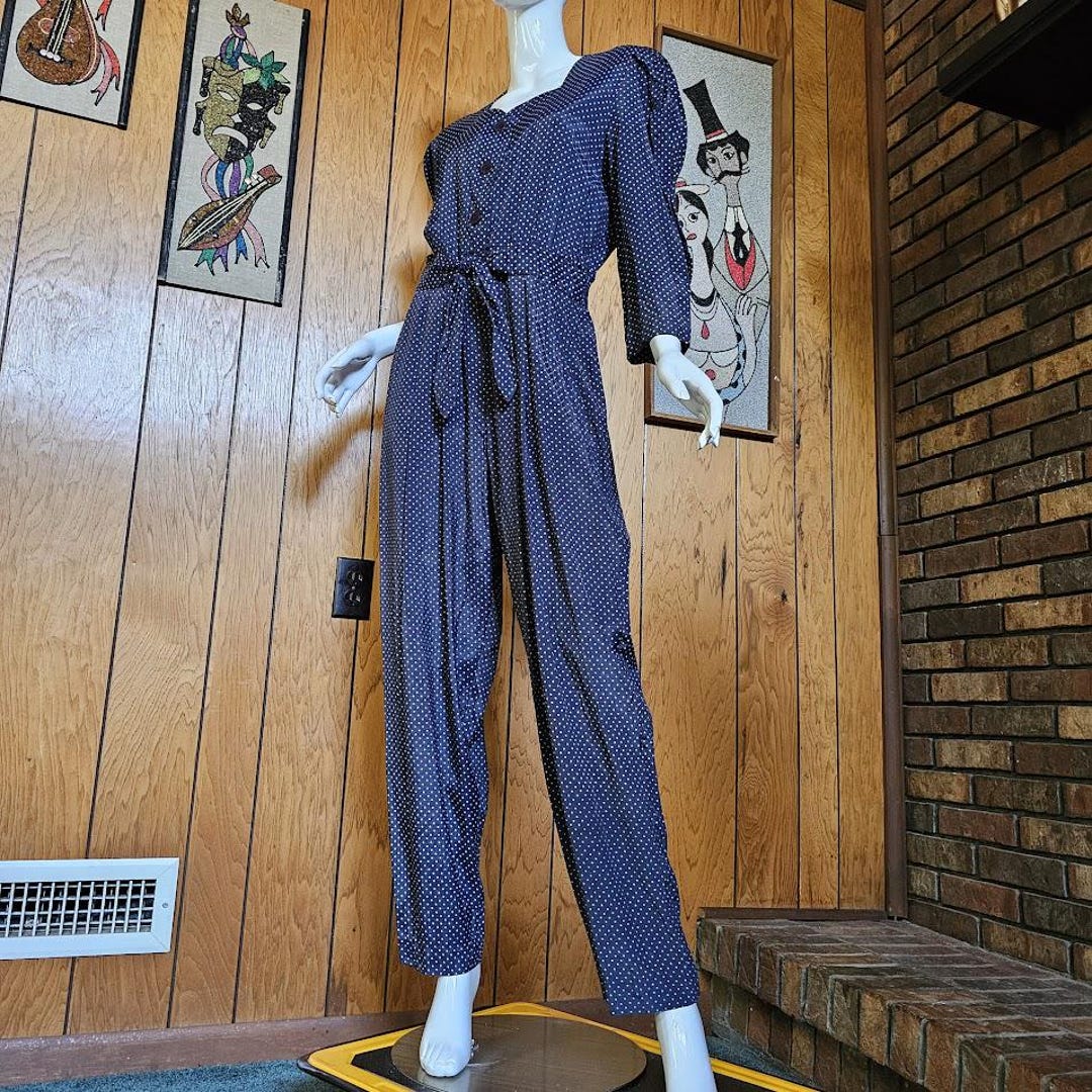 Vintage 90s Preppy Pretty Woman Peg Leg Puff Sleeve Pants Navy Polka ...