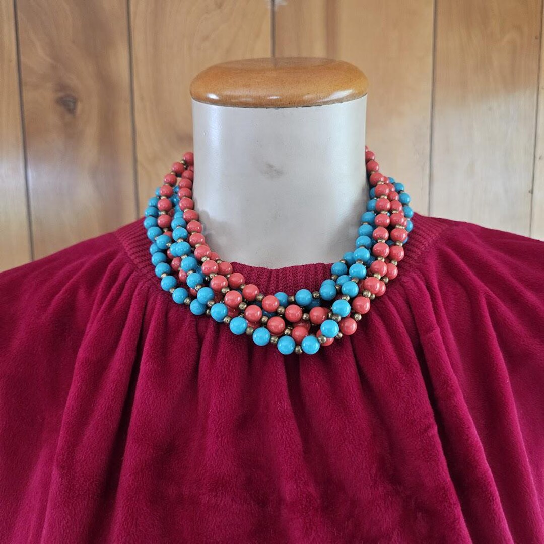 Vintage 60s 70s Mrs. Roper Beaded Blue & Orange 2 Strands Choker Mod ...
