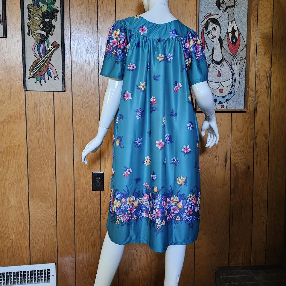 Vintage Mrs. Roper Floral Garden Fan Sleeve Caftan Lounge Muumuu House ...