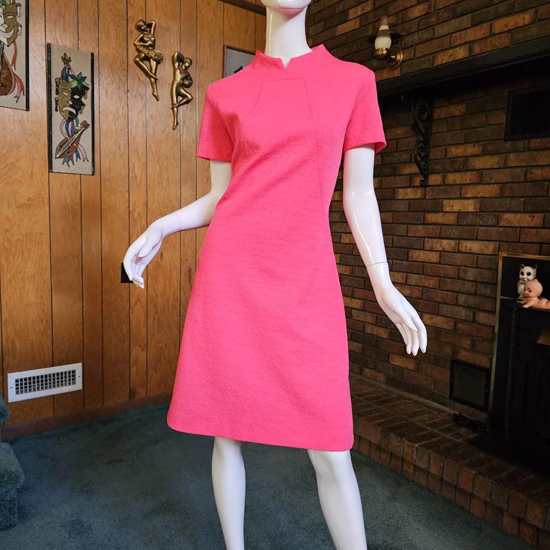 Vintage 60s 70s Mod Pepto Pink Go Go Shift Boomerang Knit Day Dress M/L ...
