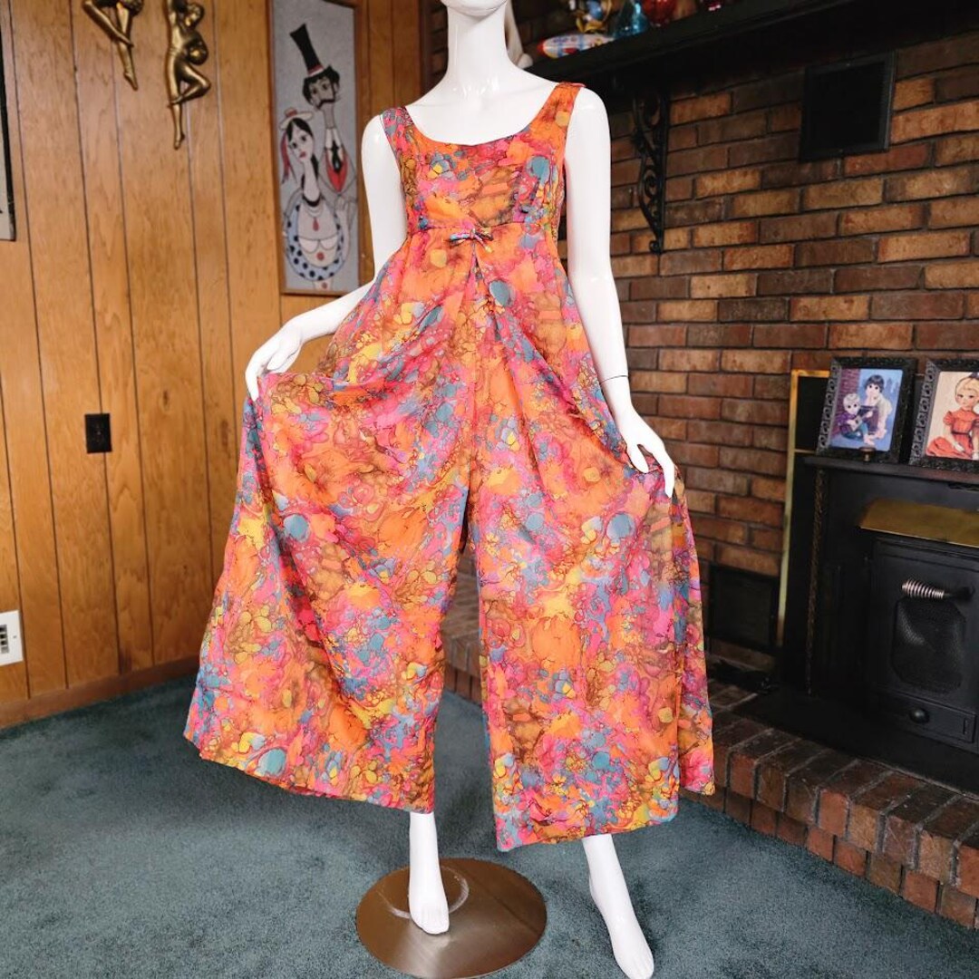 Vintage 60s Psychedelic Mod Fluorescent Palazzo Pants Hostess Jumpsuit ...