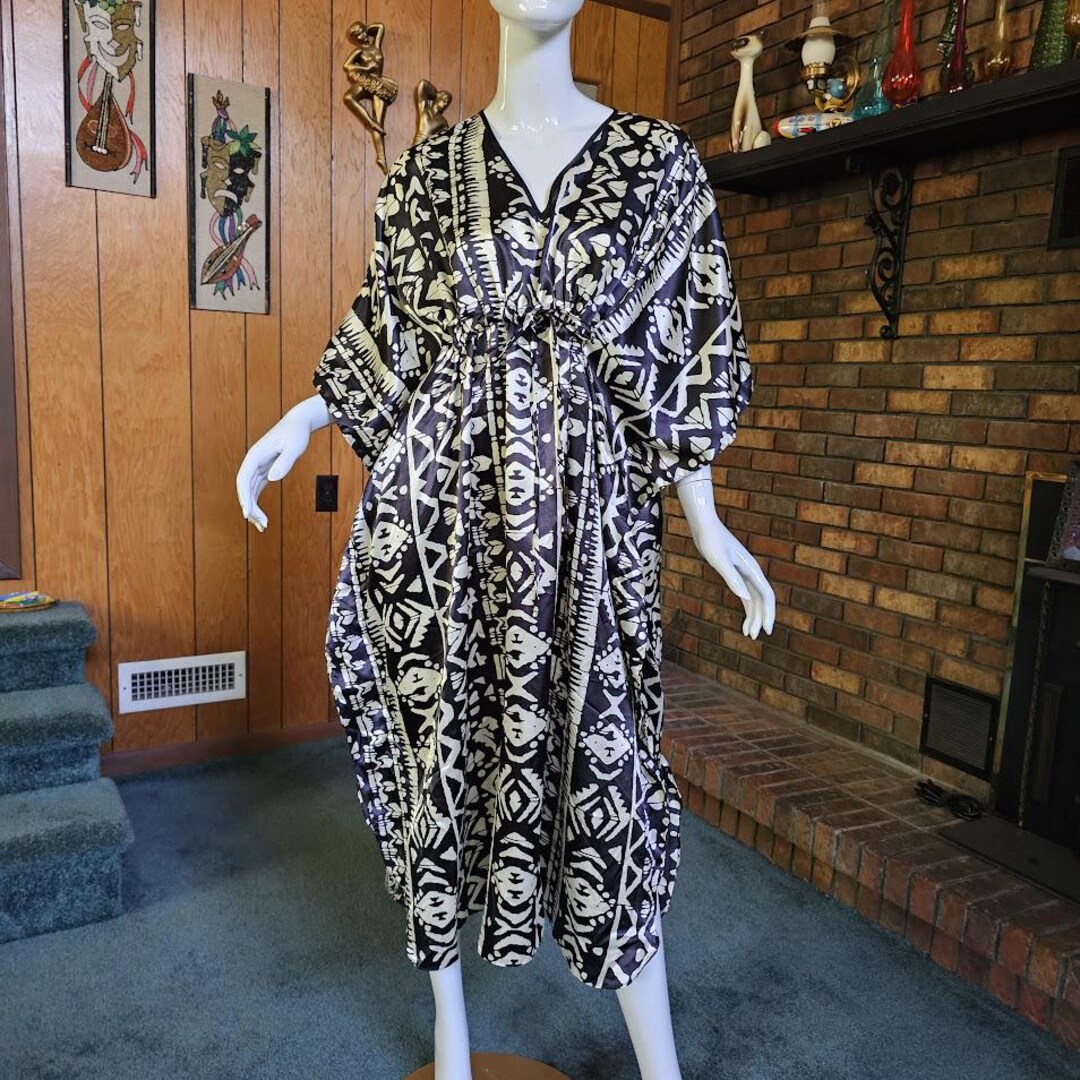 Vintage 80s Mrs. Roper Tribal Lounge Caftan Muu Muu Graphic Dress Midi ...