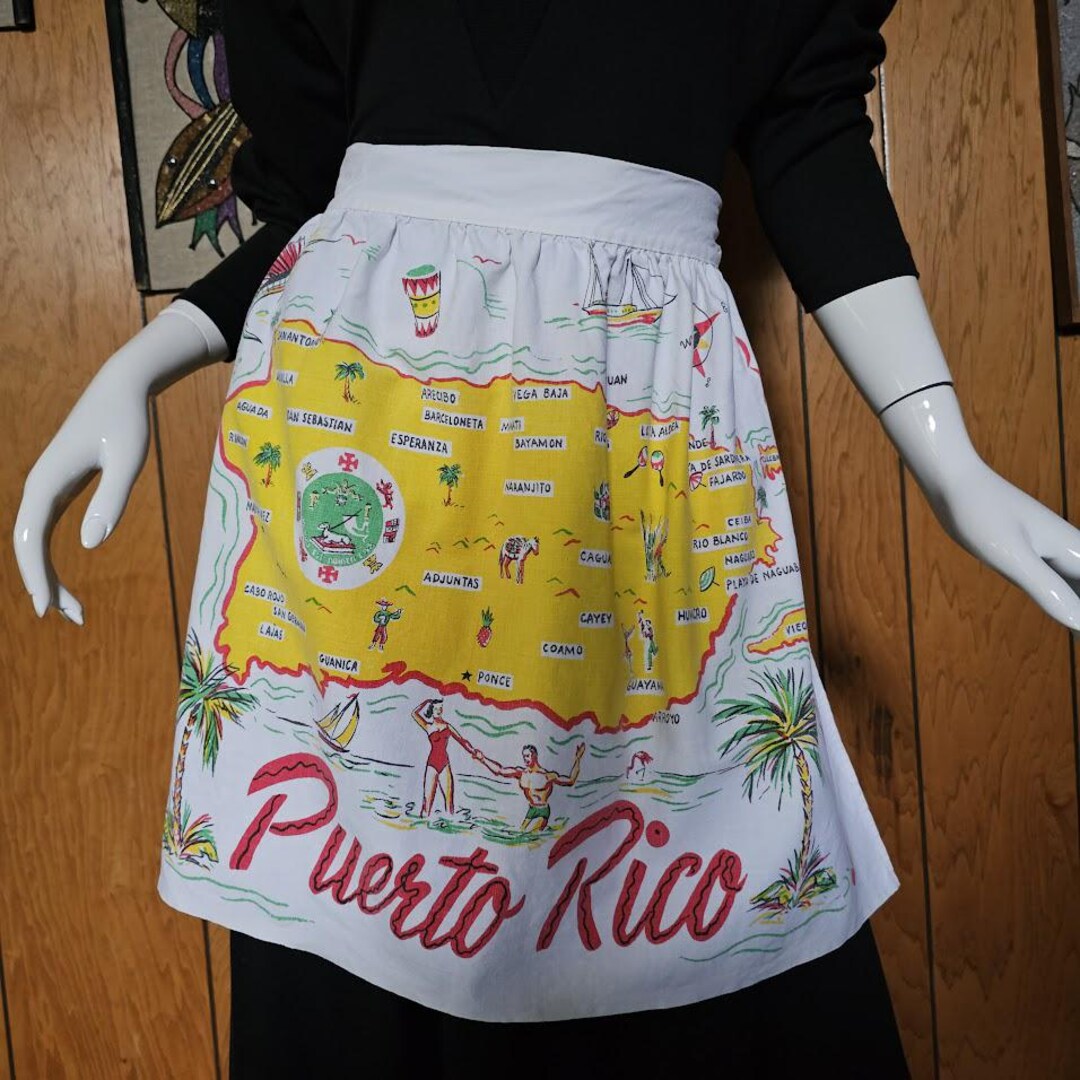 Vintage 50s Souvenir Map Puerto Rico Screenprinted Tropical Beach Half ...