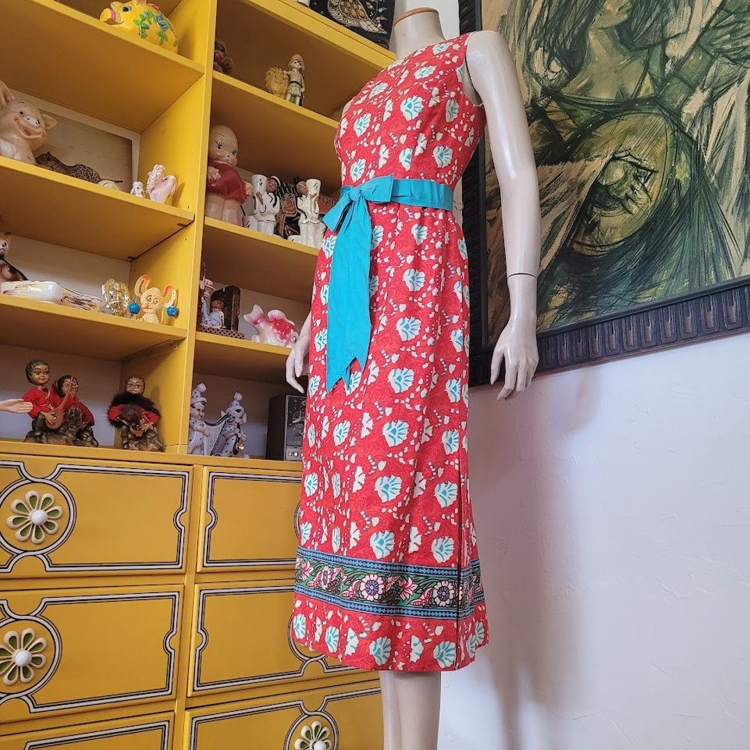 Vintage 60s Boho Hippie Folk Art Floral Maxi Border Print Summer Day ...