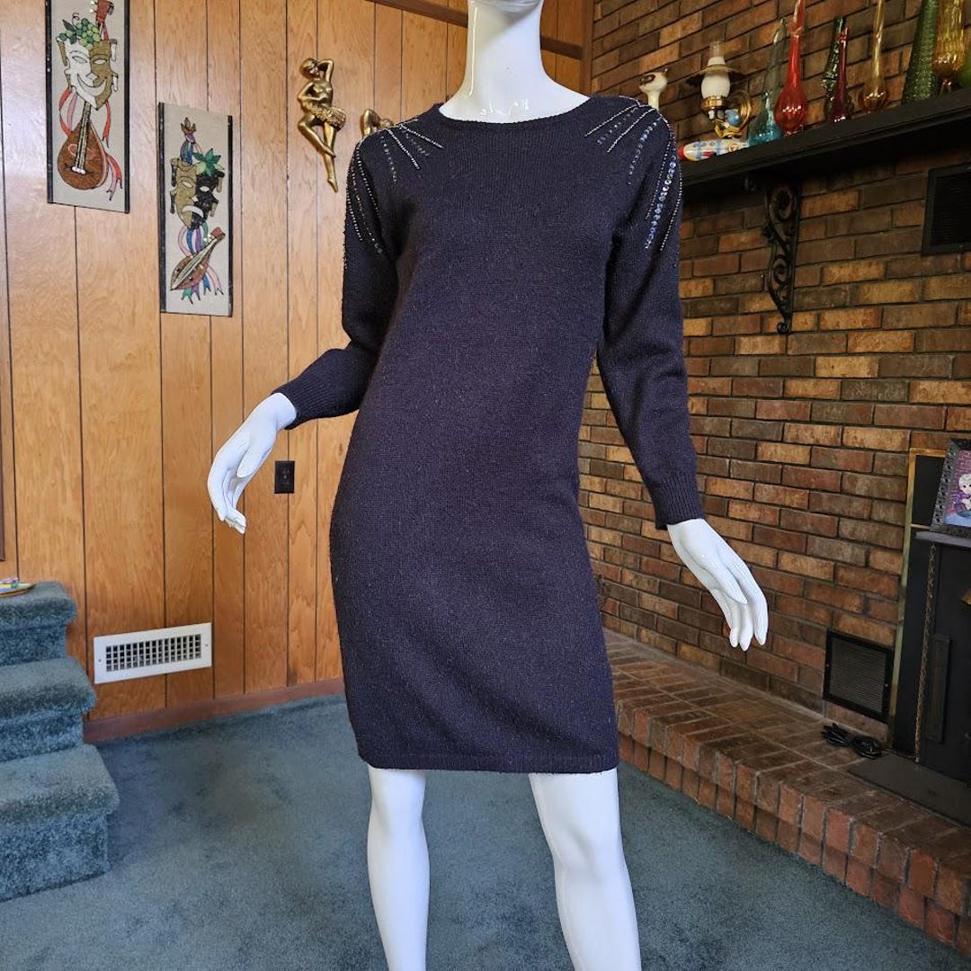 Vintage 80s New Wave Goth Punk Black Fuzzy Sweater Bodycon Mini Wiggle ...