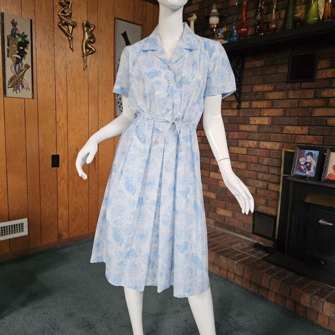 Vintage 60s Volup Rockabilly Secretary Blue Cloud Roses Shirtwaist Day ...