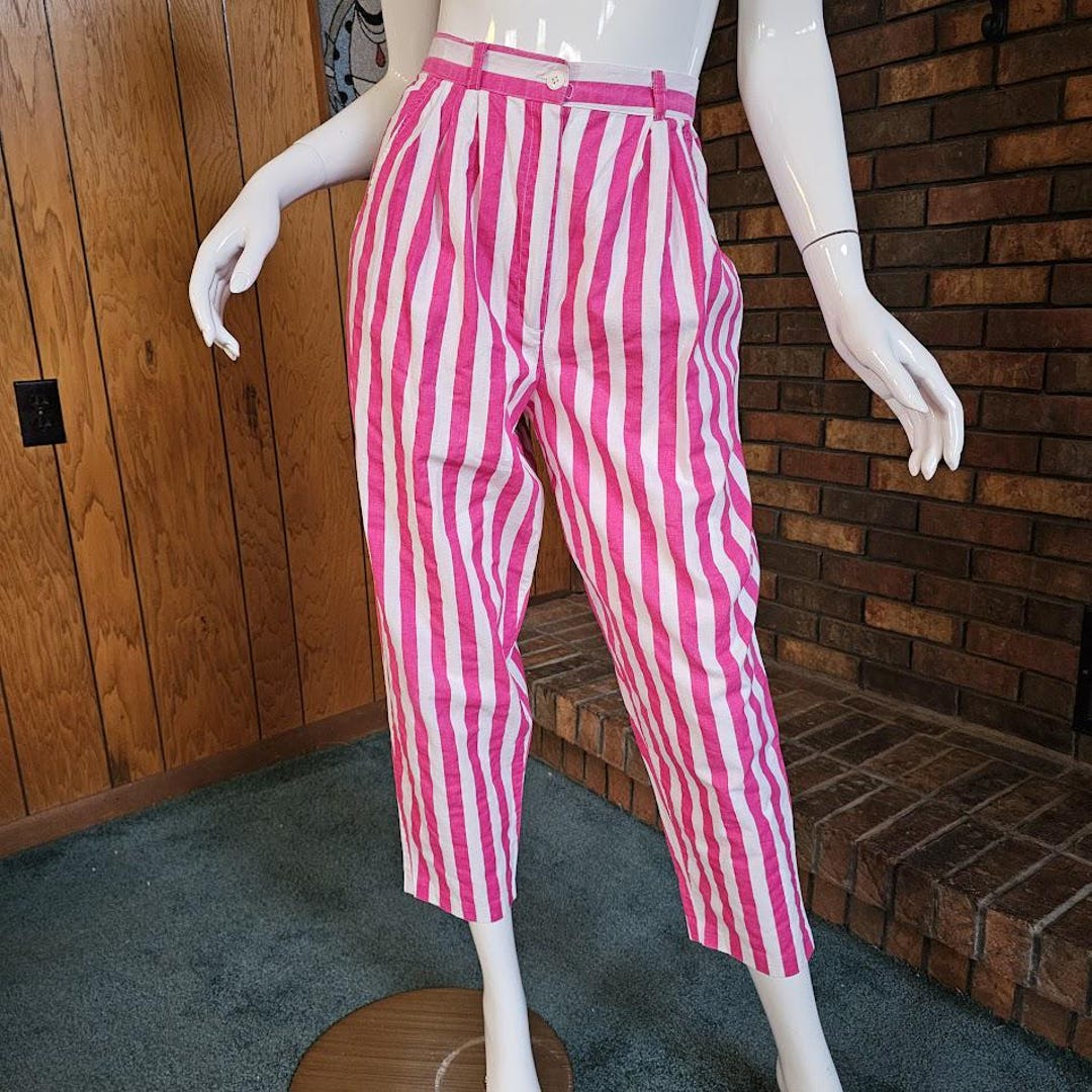 Vintage 80s Preppy Peg Leg Candy Pink Carousel Stripe High Waist Crop ...