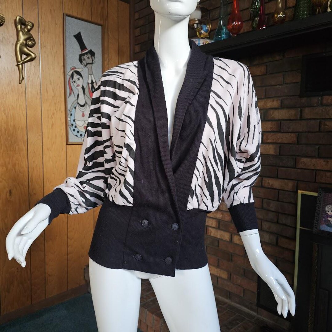 Vintage 80s New Wave Pink Black Zebra Batwing Cardigan Surplice Jacket ...