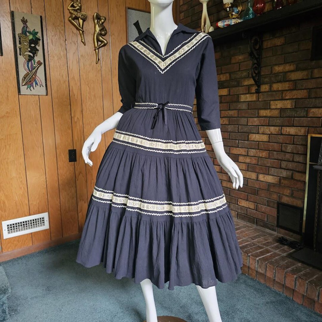 Vintage 50s Southwestern Patio Fiesta Circle Skirt Squaw Party Ricrac ...
