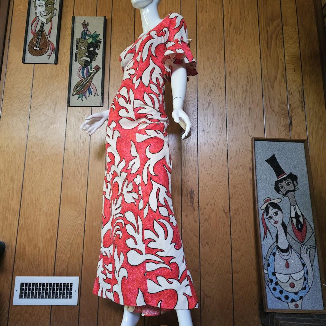 Vintage 60s Red Kamehameha Holoku Mermaid Fishtail Hawaiian Party Luau ...