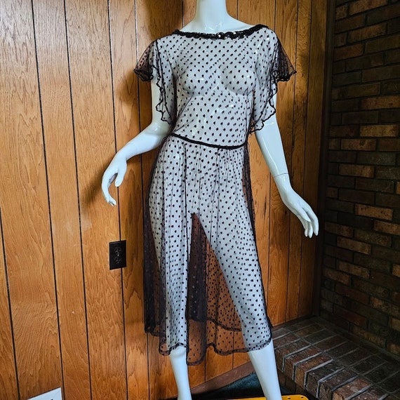 Vintage Sheer Black Fishnet Polka Dot Flutter Sleeve … - Gem