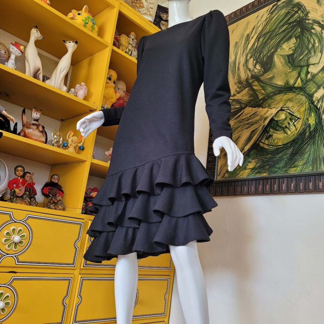 Vintage 80s Black Asymmetrical Ruffle Hem LBD Puff Shoulder Staple ...