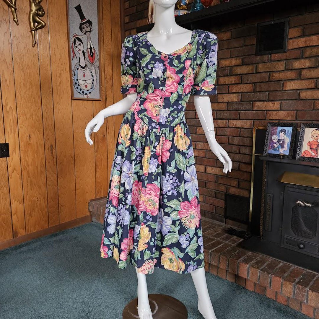 Vintage 80s Trad Wife Impressionist Floral Princess Waist Puff Sleeve ...