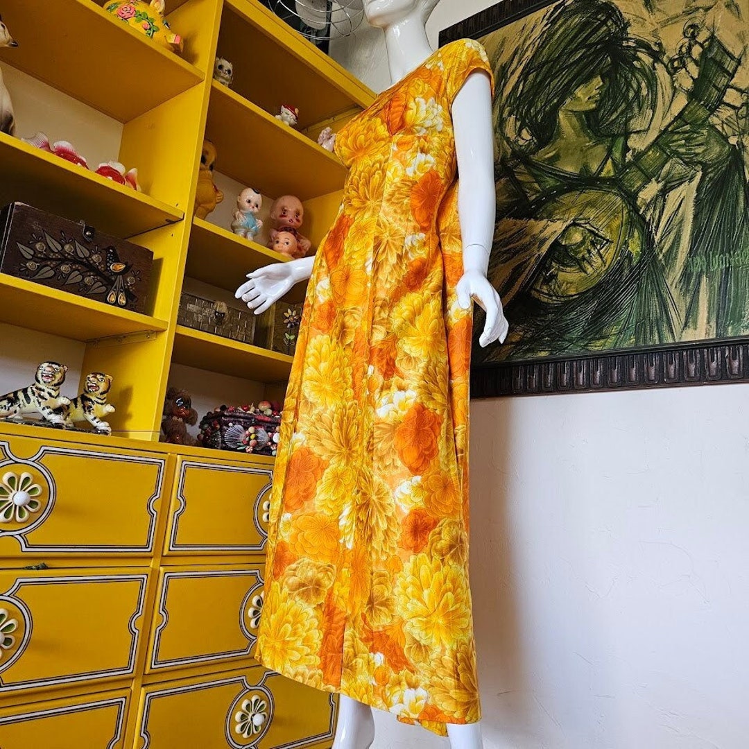 Vintage 60s Hawaiian Watteau Train Waterfall Back Luau Wedding Maxi ...