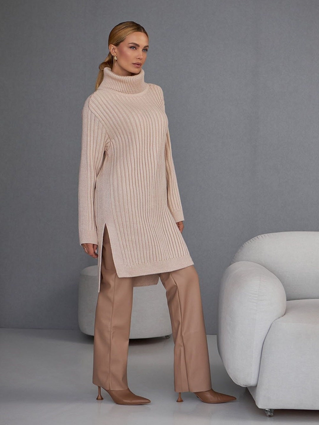 Knit Mohair Tunic, Women Wool Dress, Casual Side Slits Tunic, Loose ...