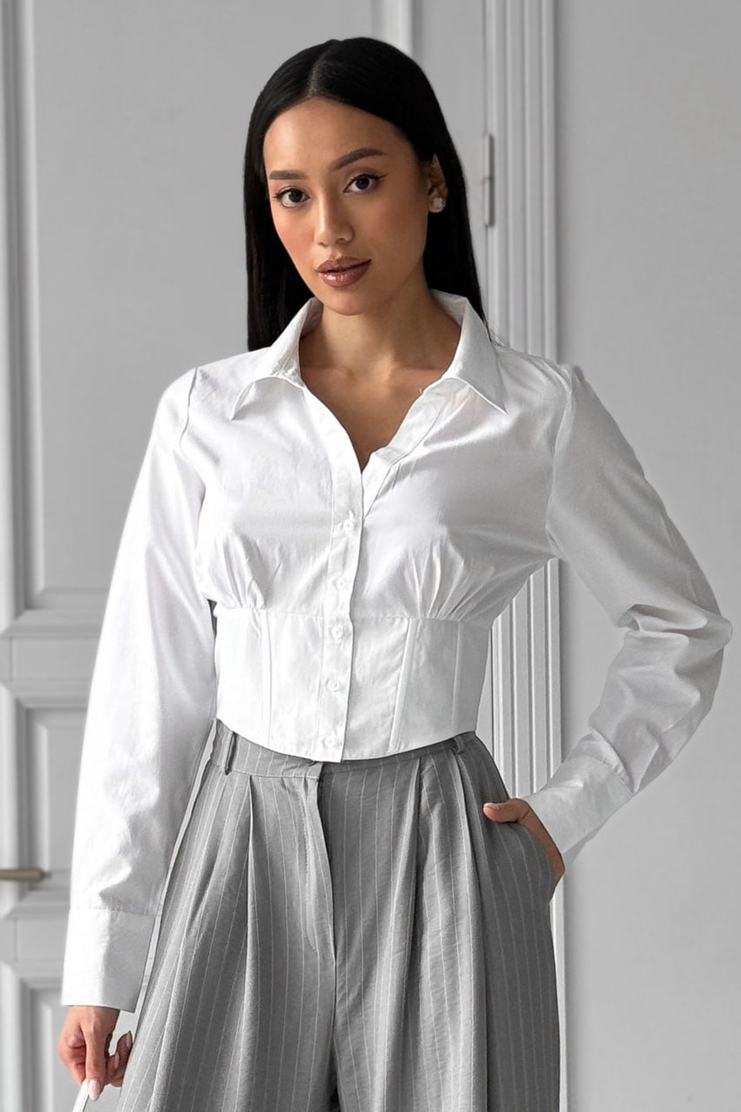 Cropped Button Collared Shirt, White Cotton Shirt, Fitted Blouse Top ...