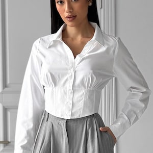 Cropped Button Collared Shirt, White Cotton Shirt, Fitted Blouse Top ...