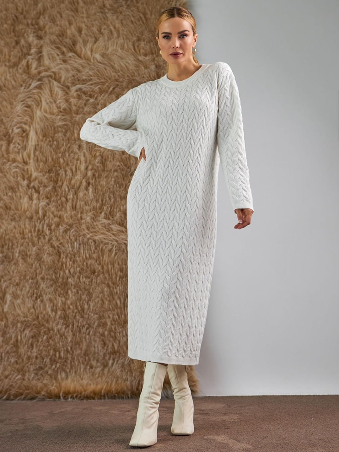 Cable Knit Dress, Midi Dress, Long Sleeve Dress, Knitted Sweater Dress ...
