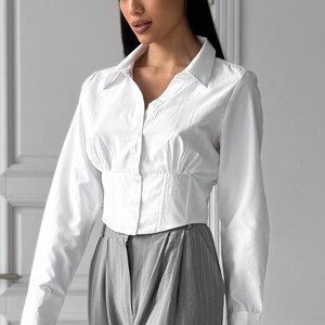 Cropped Button Collared Shirt, White Cotton Shirt, Fitted Blouse Top ...