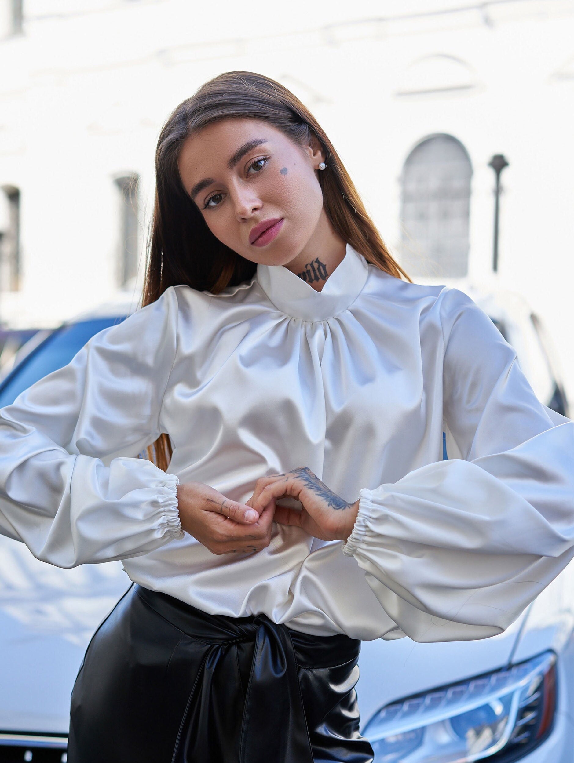 Puff Sleeves Blouse Silk Long Sleeves Blouse High Collared - Etsy
