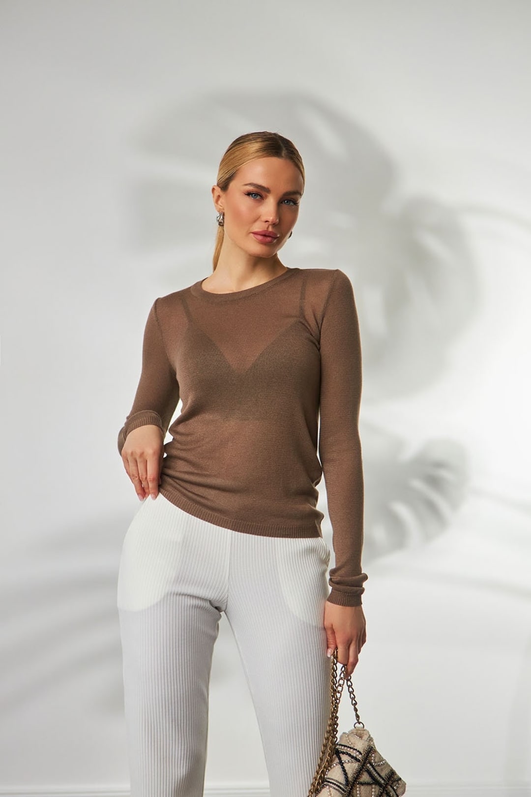 Sheer Fitted Top, Long Sleeves, Crew Neck Top, Fitted Long Sleeve Tee ...